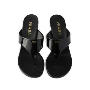 Prada Patent Leather Thong Wedge Sandals - Black
