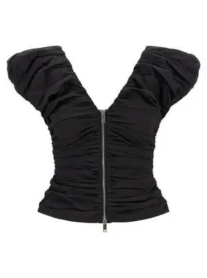 GANNI Ruched Top With V-neck And Front Zip Closure - Black
