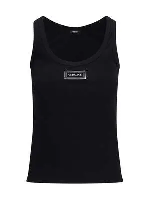 Versace Ribbed Stretch Cotton Tank Top With Logo Patch - Black
