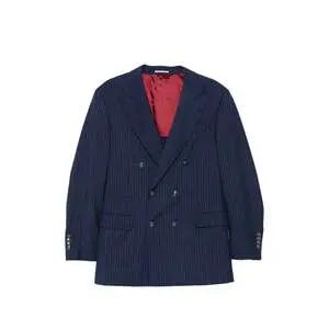 Brunello Cucinelli Navy Pinstripe Double Breasted Blazer - Blue