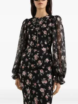 Dolce & Gabbana Printed Silk Dress With Sheer Sleeves