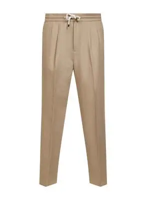 Brunello Cucinelli Taupe Linen And Cotton Drill Leisure Fit Trousers - Multicolor