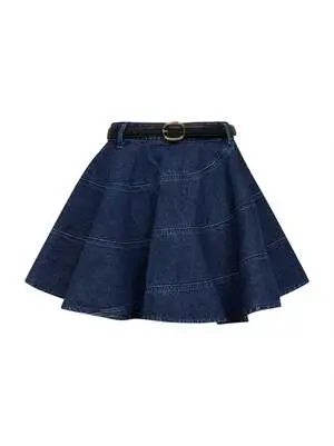 SELF-PORTRAIT Belted Flared Denim Mini Skirt