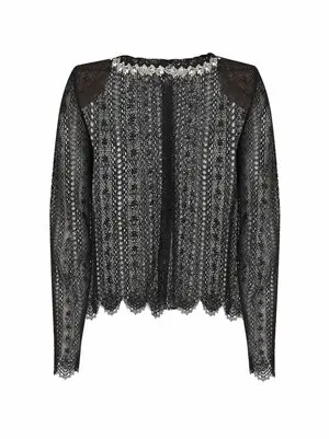 SELF-PORTRAIT Black Organza Lace Crystal-embellished Top