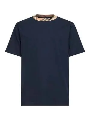 Burberry Navy Blue Cotton Check Trims T-shirt