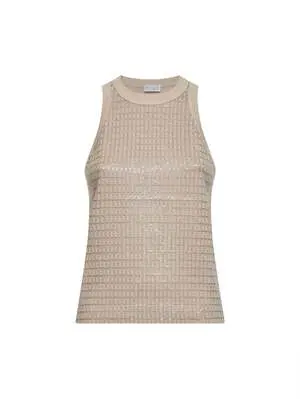 Brunello Cucinelli Ribbed Crewneck Halterneck Top With Sequin Embroidery
