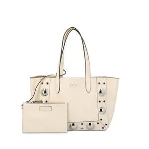 Valentino Garavani VALENTINO GARAVANI Off-White Calf Leather Studded Tote Bag With Pouch Cream