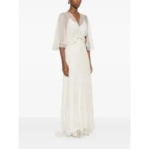 Alberta Ferretti Printed V-neck Silk Blend Dress