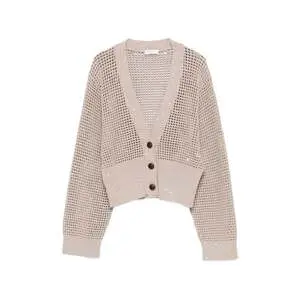 Brunello Cucinelli Beige Sequin Embellishment Knit V-neck Cardigan - Cream