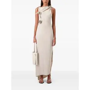 Coperni Beige Linen Rosette Detail Asymmetric Maxi Dress - Cream