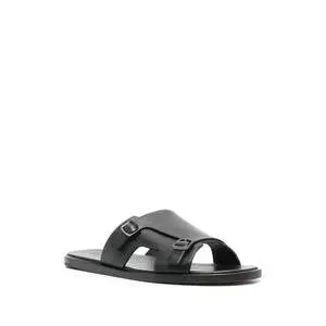 Santoni Calf Leather Double Buckle Sandals - Black