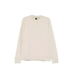 BOSS Crew Neck Long Sleeve Sweatshirt With Embossed Logo - Cream