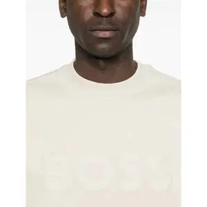 BOSS Crew Neck Long Sleeve Sweatshirt With Embossed Logo - Cream