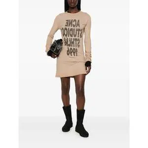 Acne Studios Long Sleeve Crewneck Logo Print Dress - Black