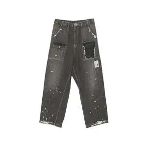 Mihara Yasuhiro Grey Pinstriped Wide-leg Jeans With Paint Splatter Detail - Gray