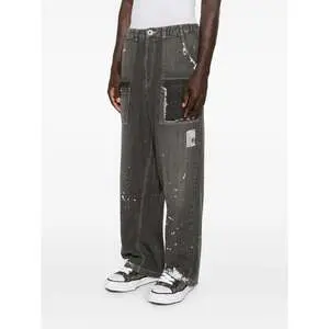 Mihara Yasuhiro Grey Pinstriped Wide-leg Jeans With Paint Splatter Detail