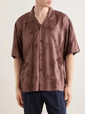 KARDO Rohit Convertible-collar Floral-embroidered Silk-satin Shirt - Brown