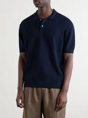 Sunspel Honeycomb-knit Linen And Silk-blend Polo Shirt - Blue