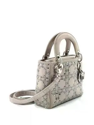 Dior Lady Bag Crystal Embellished Cannage Quilt Satin Mini Satchel - Neutrals