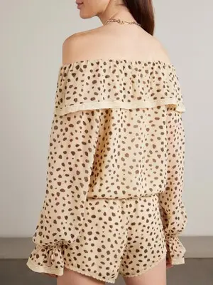 Posse Priscilla Off-the-shoulder Cheetah Print Silk Georgette Blouse With Lace Trim - Brown