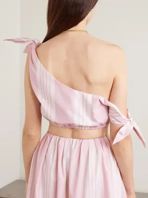 Posse Rosie Cropped One-shoulder Striped Cotton Top With Tie Detail - Pink