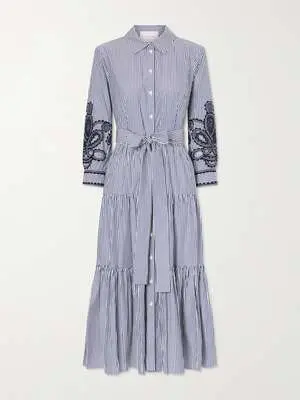 Carolina Herrera Belted Tiered Embroidered Striped Cotton-poplin Midi Dress - Blue