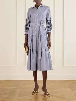 Carolina Herrera Belted Tiered Embroidered Striped Cotton-poplin Midi Dress - Blue
