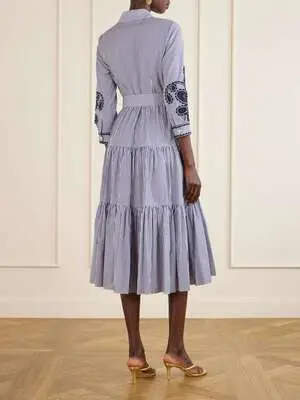 Carolina Herrera Belted Tiered Embroidered Striped Cotton-poplin Midi Dress - Blue