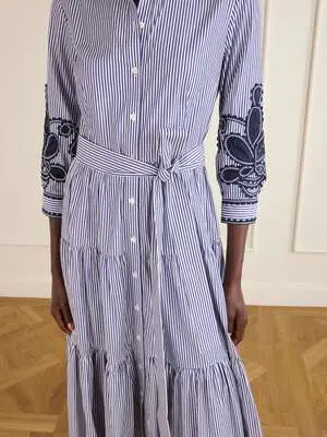 Carolina Herrera Belted Tiered Embroidered Striped Cotton-poplin Midi Dress - Blue