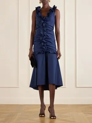 Carolina Herrera Ruched Ruffled Cotton-blend Midi Dress