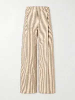 Brunello Cucinelli Cropped Pleated Striped Cotton-blend Wide-leg Pants - Neutrals