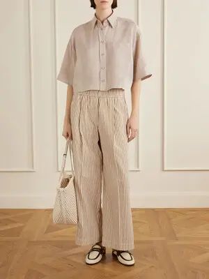 Brunello Cucinelli Cropped Pleated Striped Cotton-blend Wide-leg Pants - Neutrals