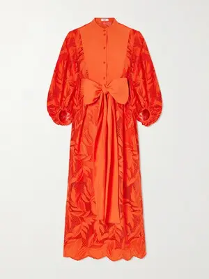 Erdem Bow-detailed Embroidered Poplin And Lace Midi Dress - Orange