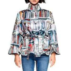 MAXJENNY Maxjenny! Square Boxy Jacket With Bookshelf Print And Metallic Finish Grey
