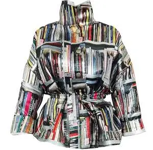 MAXJENNY Square Boxy Jacket With Bookshelf Print And Metallic Finish - Yellow