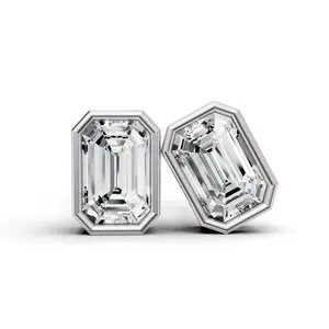 SEREIA OFFICIAL 14k White Gold Emerald Cut Lab Diamond Bezel Solitaire Studs - Silver