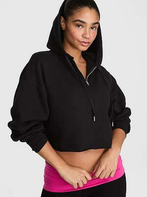 Pink Campus Fleece Cropped Half-zip Hoodie - Black