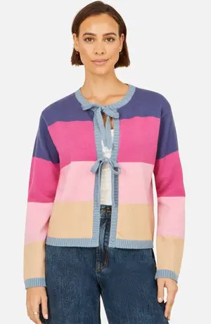 YUMI Block Stripe Tie Front Cardigan - Multi