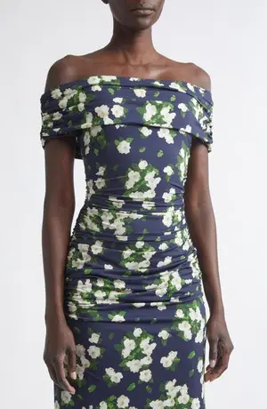 Carolina Herrera Off-the-shoulder Floral Print Jersey Maxi Dress - Midnight Multi