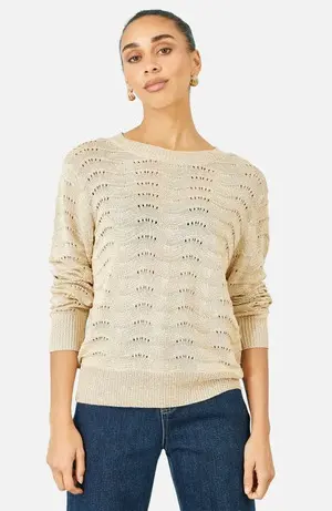 YUMI Wave Metallic Thread Relaxed Jumper - Beige