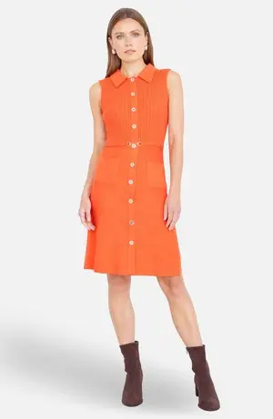 YUMI Rib Knitted Collared Skater Dress - Orange