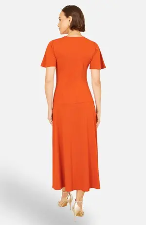 YUMI Ruched Front Stretch Midi Dress - Orange