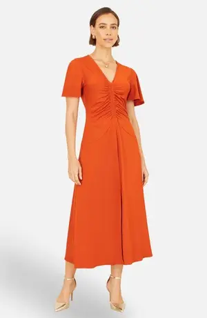 YUMI Ruched Front Stretch Midi Dress - Orange