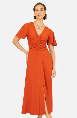 YUMI Ruched Front Stretch Midi Dress - Orange