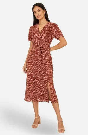 YUMI Spot Wrap Midi Dress - Brown