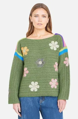 YUMI Crochet Flower Jumper - Green