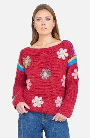 YUMI Crochet Flower Jumper - Red