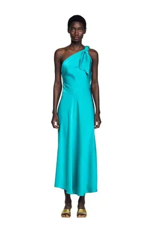 Sandro Satin-effect Maxi Dress With Asymmetrical Cut And Bow Detail