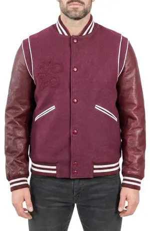 MACEOO Marthyr Leather Sleeve Varsity Jacket