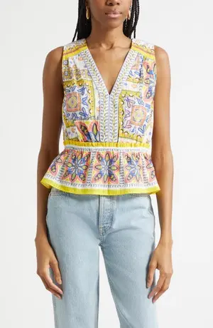 Ramy Brook Lyra Tile Print V-neck Cotton Peplum Top